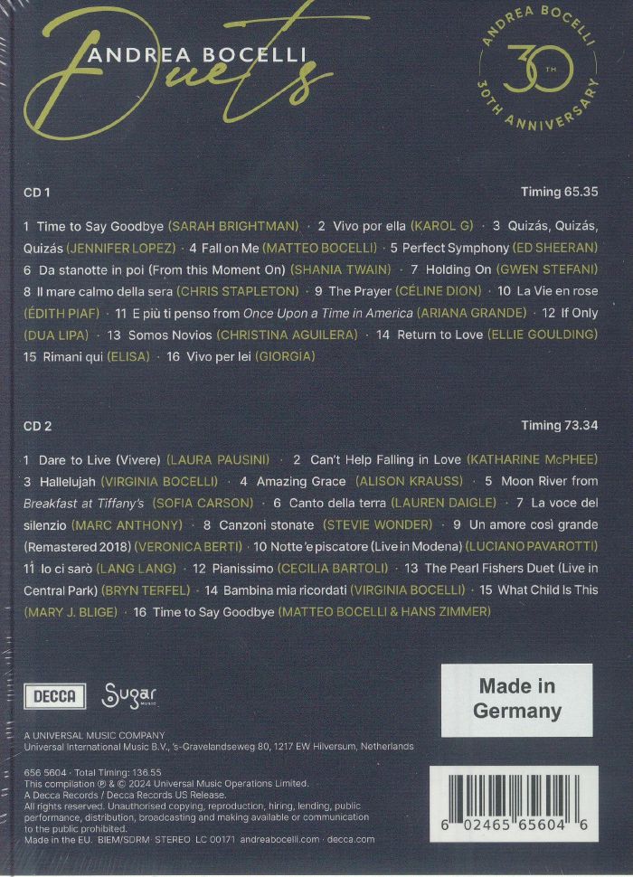 Andrea BOCELLI - Duets (30th Anniversary Deluxe Edition) CD at Juno ...