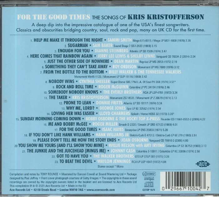 VARIOUS - For The Good Times: The Songs Of Kris Kristofferson CD at ...