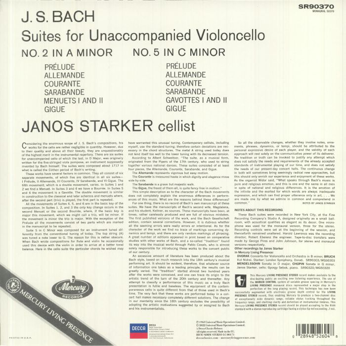 Janos STARKER - Bach: Suites 2 & 5 For Solo Cello (half speed mastered ...