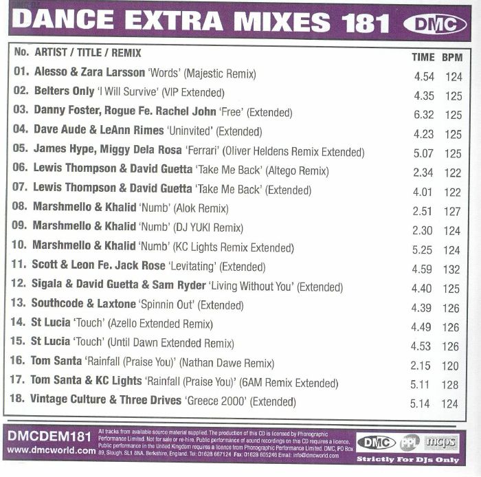 VARIOUS - DMC Dance Extra Mixes Vol 181: Remix Collections For ...