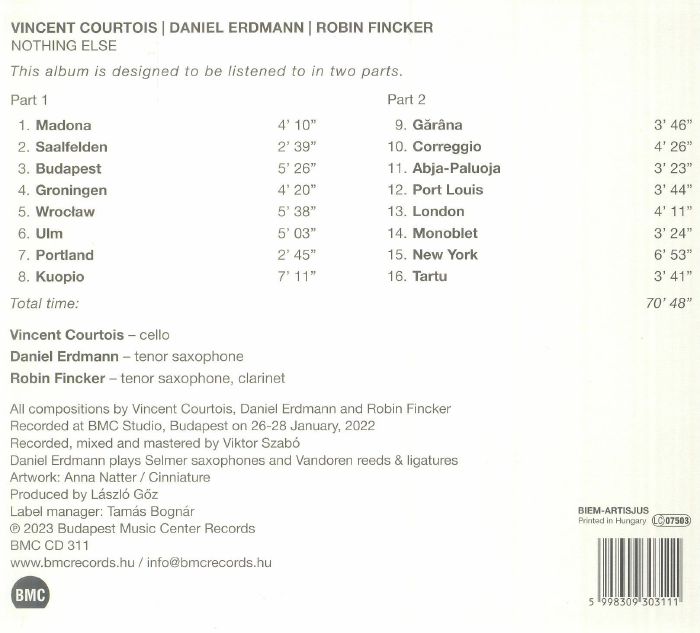 Vincent COURTOIS/DANIEL ERDMANN/ROBIN FINCKER - Nothing Else CD at Juno ...