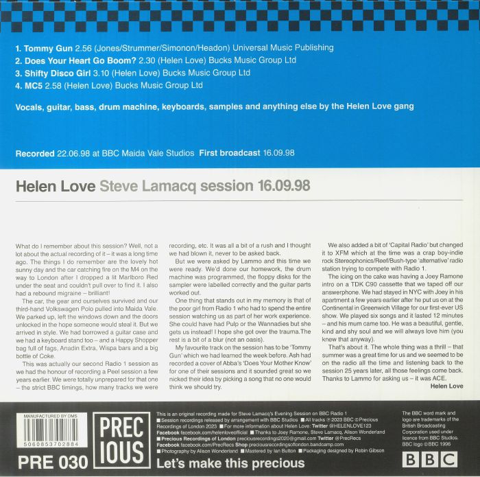 HELEN LOVE - Steve Lamacq Session 16/09/98 Vinyl at Juno Records.