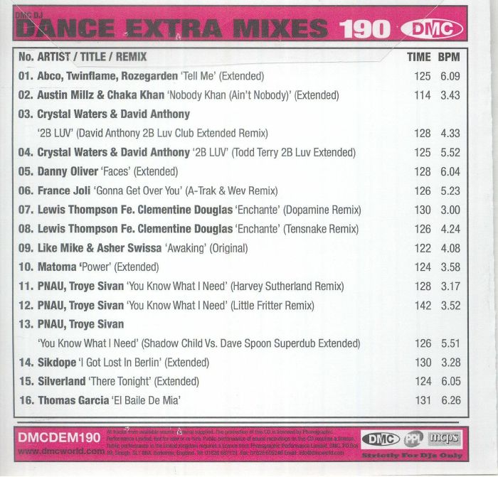 VARIOUS - DMC Dance Extra Mixes Vol 190: Remix Collections For ...