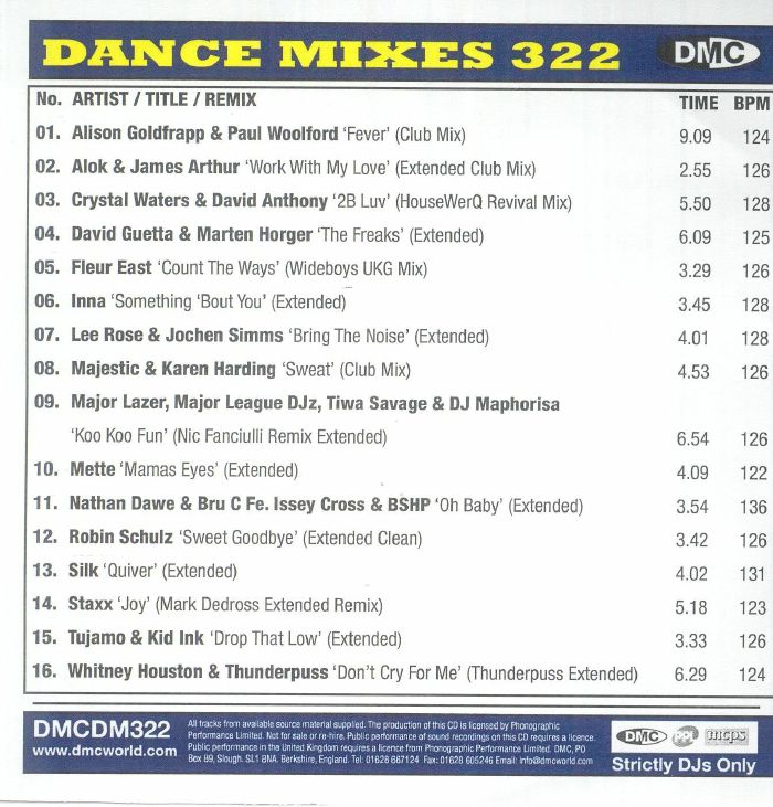 VARIOUS - DMC Dance Mixes 322: Pre Release Full Length Club Tracks ...
