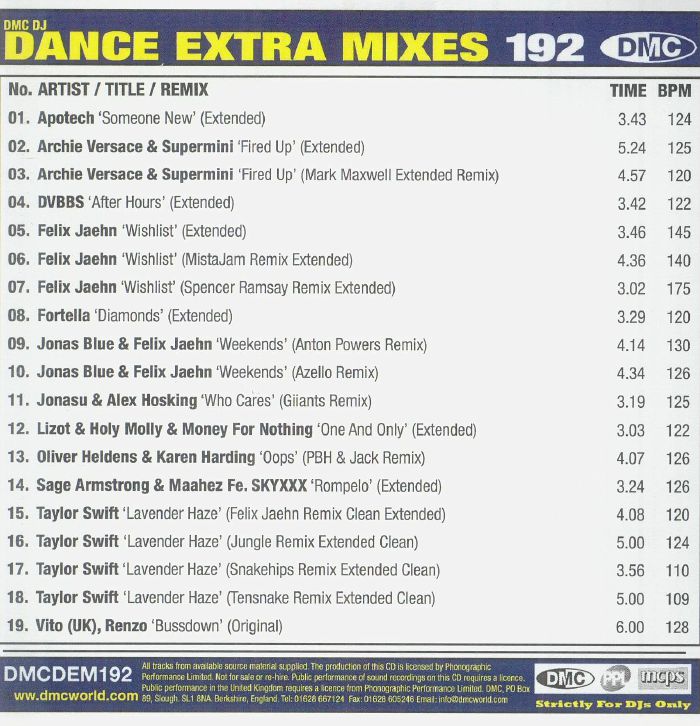 VARIOUS - DMC Dance Extra Mixes Vol 192: Remix Collections For ...