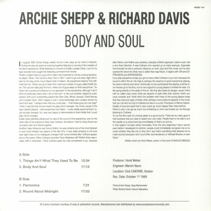 Archie SHEPP/RICHARD DAVIS - Body & Soul (reastered) Vinyl at Juno Records.