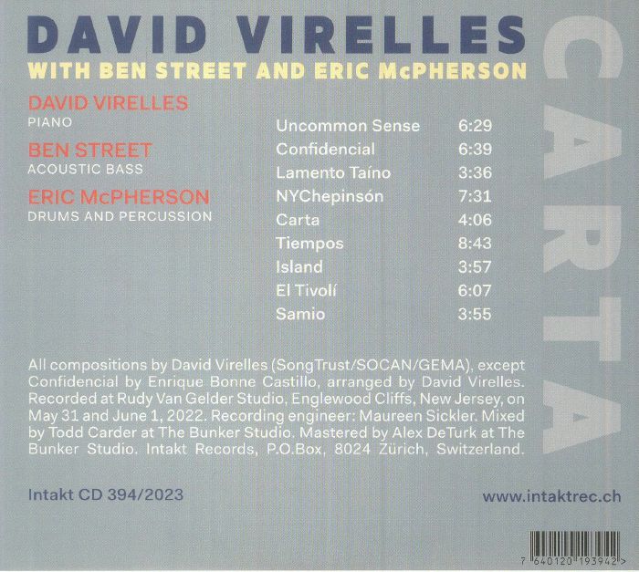 David VIRELLES with BEN STREET/ERIC McPHERSON - Carta CD at Juno Records.
