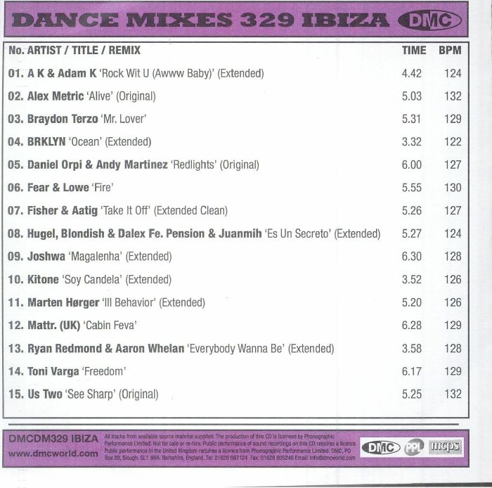 VARIOUS - DMC Dance Mixes 329: Ibiza (Strictly DJ Only) CD at Juno Records. VARIOUS - DMC Dance Mixes 329: Ibiza (Strictly DJ Only) CD at Juno Records.