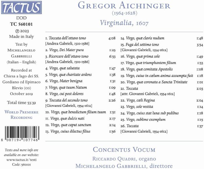 CONCENTUS VOCUM - Aichinger: Virginalia 1607 CD at Juno Records.